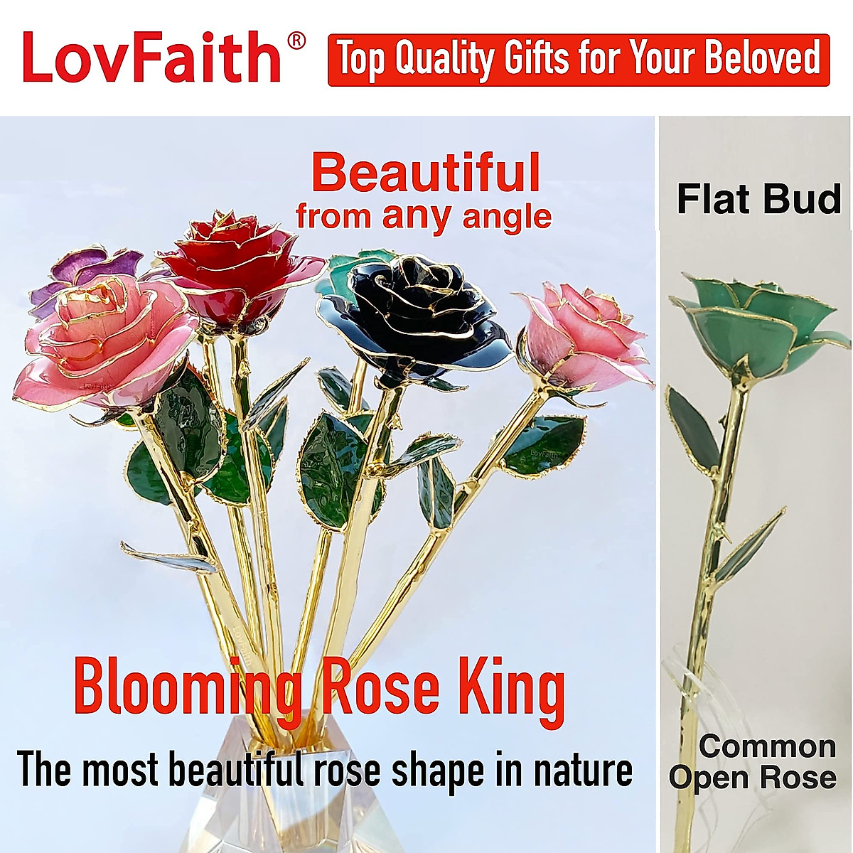 LovFaith Real Rose Dipped 24K Gold, with Crystal Vase, Gift for Her mom Wife Mother Day Anniversary Valentines Day
