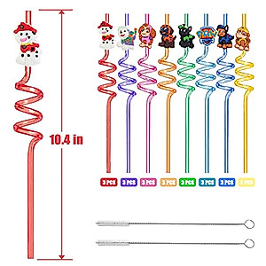 Paw Dog Party Supplies,JOUNYKOL 24Pcs Plastic Drinking Straws 8 Designs Great for Kids Boys Girls Gifts as Theme Party Decorations and Birthday Party Supplies with 2 Cleaning Brushes