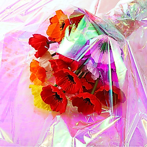 31.5 Inch x 50 Ft Iridescent Film Cellophane Roll Rainbow Holographic Cellophane Wrap Paper with 10 Rolls Colorful Metallic Curling Balloon Ribbon for Flower Gift Candy Handicraft Crafts