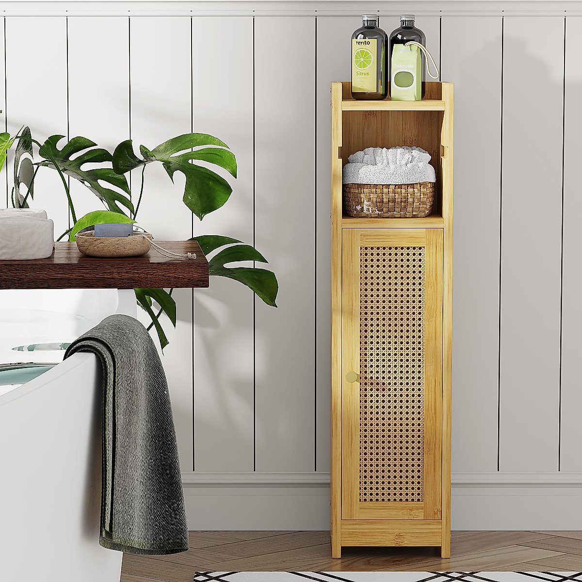TRIFEBLE Bathroom Storage Cabinet, Small Bathroom Cabinet Organizer, Toilet Paper Storage Cabinet, Bamboo Bathroom Floor Cabinet with Rattan Door, Bathroom Furniture for Small Spaces, Natural