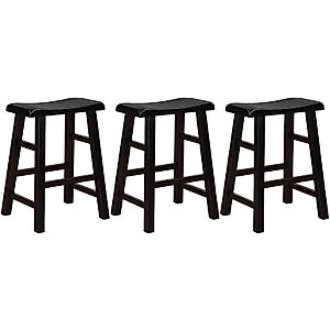 eHemco Heavy-Duty Solid Wood Saddle Seat Kitchen Counter Height Barstools, 24 Inches, Black, Set of 3