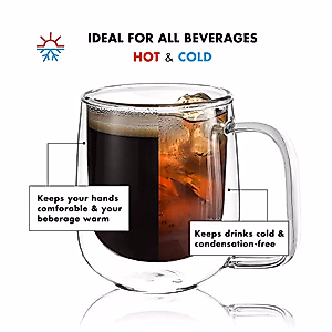 vzaahu Double Wall Coffee Mugs with Handle [2-Pack,12 Oz] Glasses Espresso Cups Clear Glass Coffee Mug Set for Cappuccino Tea Latte Beverage, Glasses Heat Resistant Dishwasher Microwave Safe