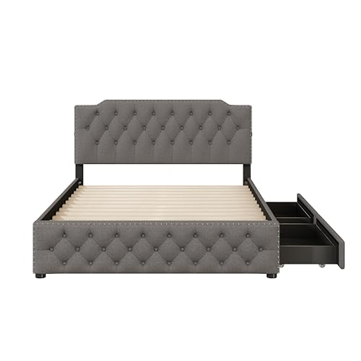 Prohon Queen Size Bed Frame w/ 2 Drawers and Two Sets USB Ports, Upholstered Platform Bed with Button Tufted Trim Headboard, Velvet Linen Wooden Bed Fram No Box Spring Needed, Gray