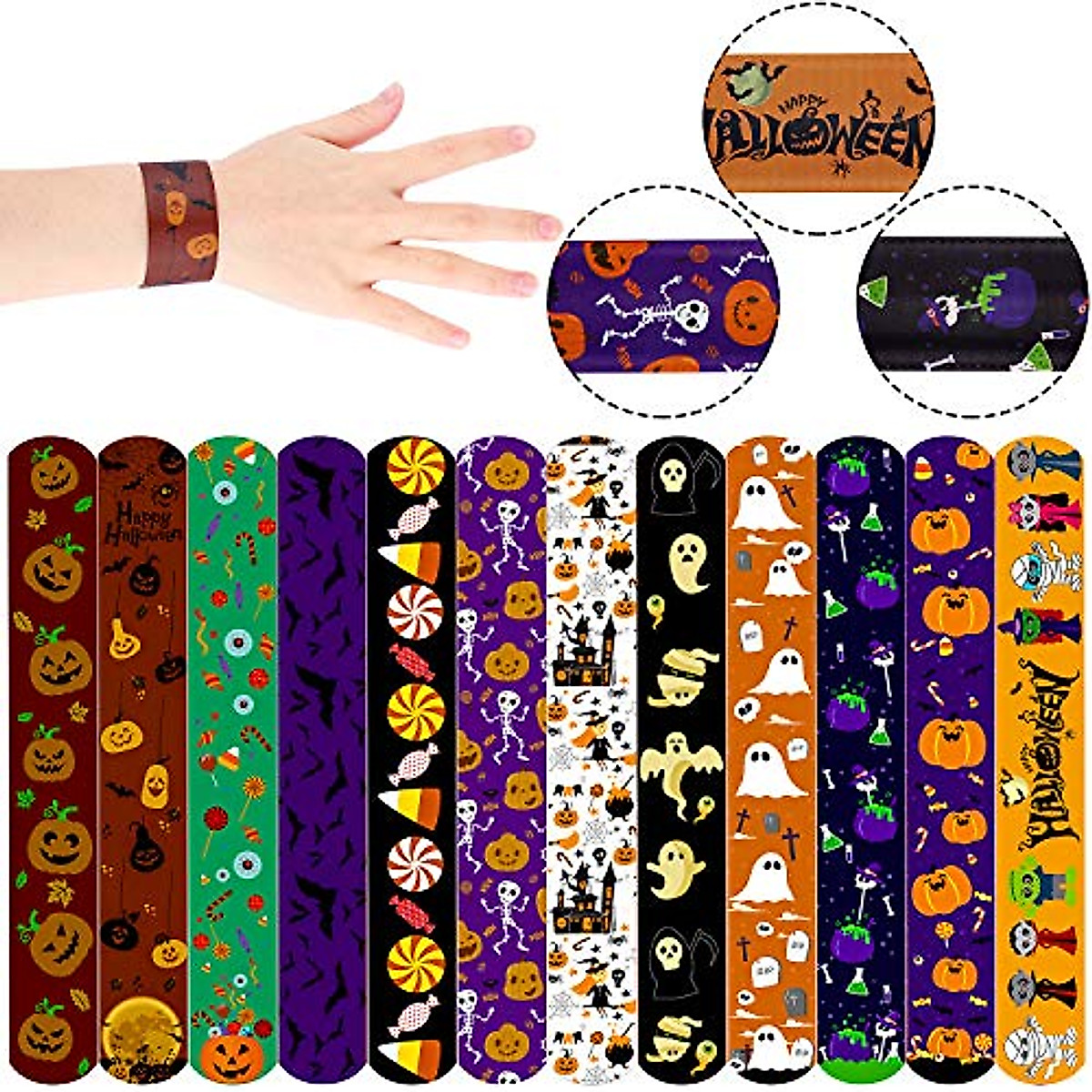 ELCOHO 72 Pieces Halloween Favors Slap Bracelets Toys Halloween Wristbands Slap Bracelets for Halloween Trick or Treat Gifts