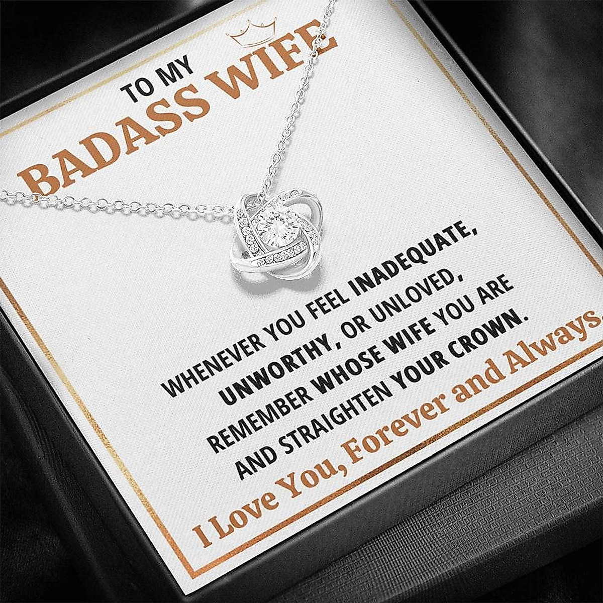 Wife Necklace Gift From Husband To My Badass Wife Crown Love Knot Pendant Valentines Day Anniversary Jewelry With Message Card and Gift Box (Standard Box, White Badass Wife)