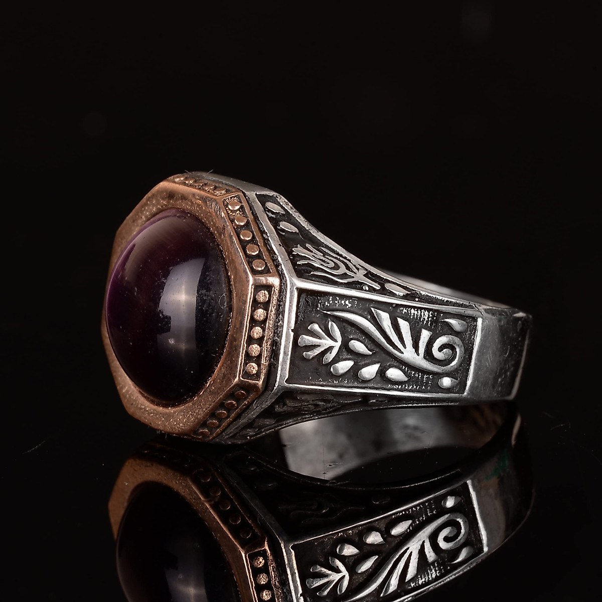Men's 925 Sterling Silver Handmade Ring with Natural Amethyst Gemstone - Byzantine Empire Design