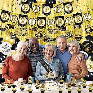Sharonlily Premium Black and Gold Retirement Party Decorations, Super Value Pack of Happy Retirement Decoration Supplies, Hanging Swirls, Fringe Curtains, Balloons, Happy Retirement Banner, Sash, Card