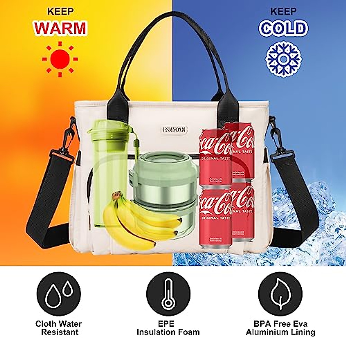 ESMNOAN Lunch Bag Women,13L Large Insulated Lunch Box for Women,Leak Proof Lunch Cooler Bag with Bottle Holder,Womens Lunch Bag,Adult Lunchbox for Work Picnic Beach,Beige