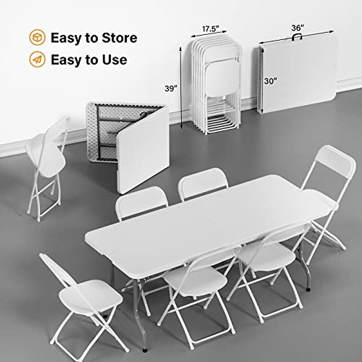 VINGLI 6 FT Plastic Folding Table Set with 6 White Folding Chairs for Picnic, Event, Training, Outdoor Activities, at Home and Commercial Use