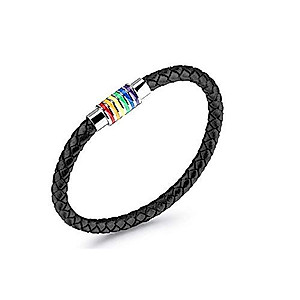 PHOGARY Gay Pride Bracelet LGBT Rainbow Bracelet (2 Packs), Couple Black Leather Bracelet Men’s Women’s Bangle with Rainbow Striped Stainless steel Magnetic Clasp 22cm