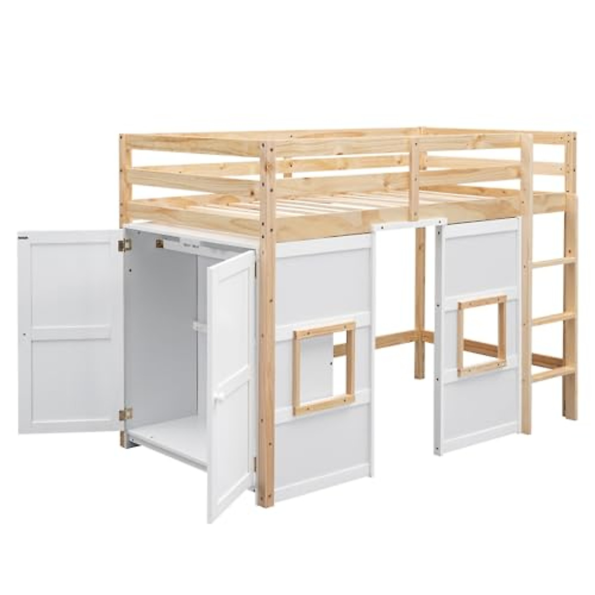 BOVZA Twin Size Loft Bed with Built-in Storage Wardrobe and 2 Windows, Wood Playhouse Loft Bed Frame with High Guard Rails for Kids Boys Girls Teens, Natural+White