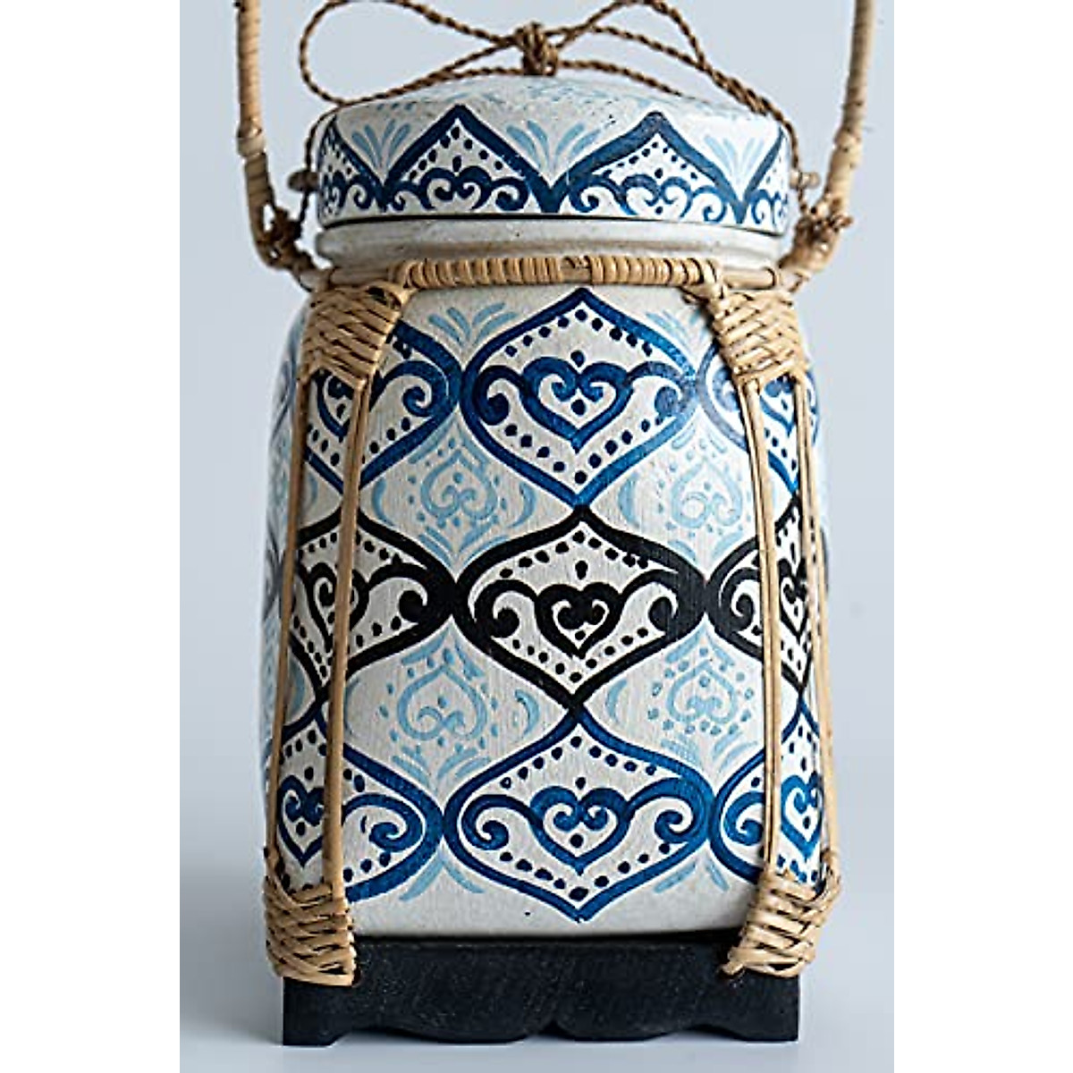 Siam Sawadee White Weaved Bamboo Rice Basket, Hand Woven Thai Rattan Jar, Handcrafted Traditional Household Wicker Container, Moroccan Pattern Painted, Handmade in Thailand, 7x12 inches