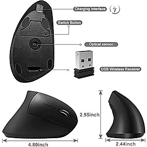 Vassink Ergonomic Mouse, Rechargeable Wireless Mouse, 2.4GHz Rechargeable Wireless Vertical Optical Mice with USB Receiver, 6 Buttons for Laptop, PC, Computer Black