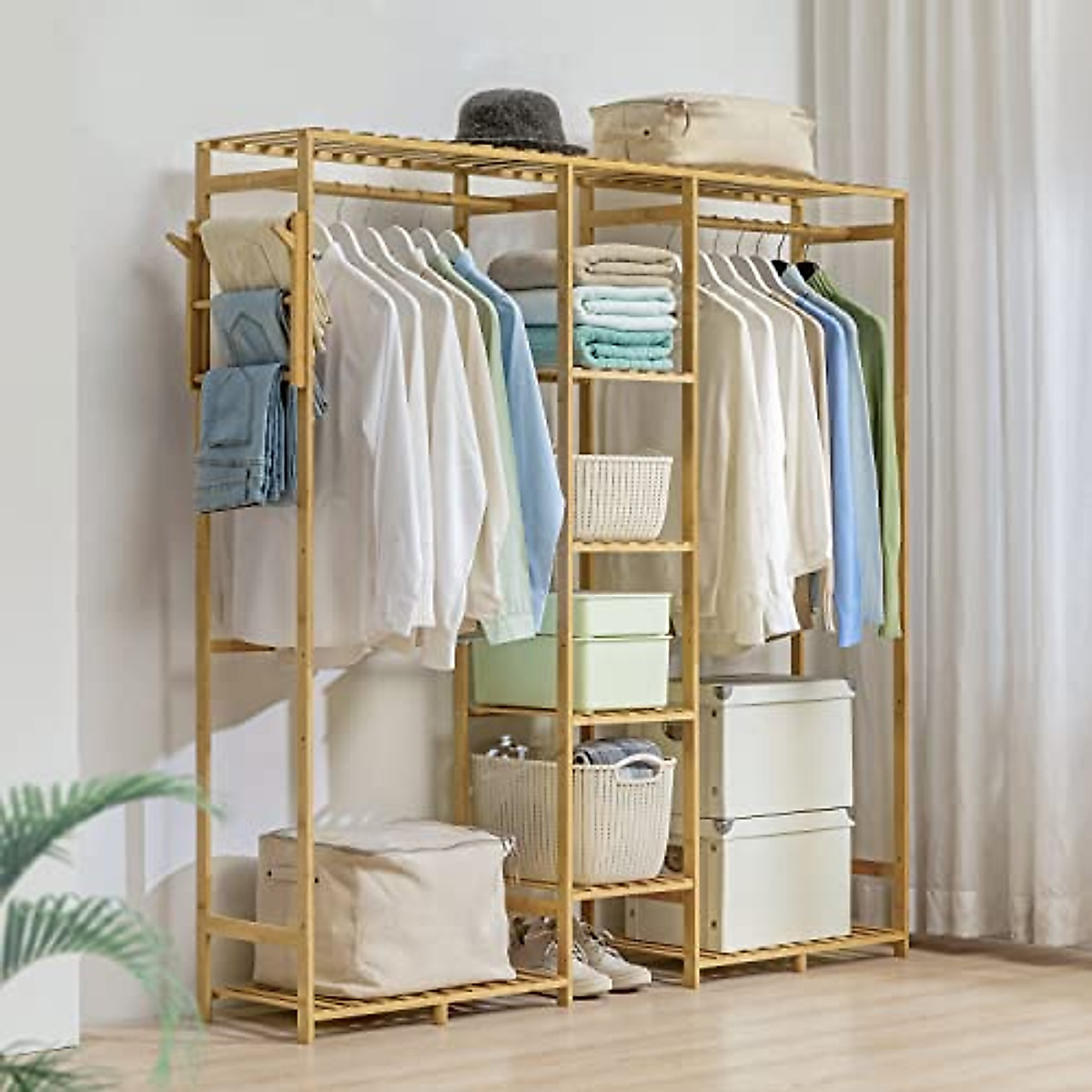 MoNiBloom Bamboo Clothes Rack with Double Rods and Storage Shelves Free Standing Open Wardrobe Rack for Hanging Clothes and Storage for Bedroom Living Room, Natural