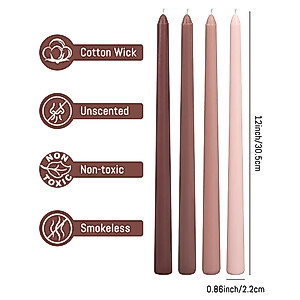 Viyffo 12 Inch Brown Taper Candles Set of 4 Unscented Smokeless Long Tall Tapered Candle for Candlesticks Sticks Wedding Advent Home Decor Dinner Christmas