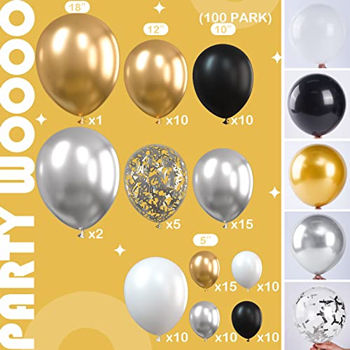 PartyWoo Black and Gold Balloon Garland Kit 100 pcs and 6 pcs Disco Silver Foil Balloons