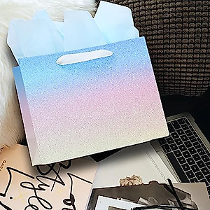 PAPER FAIR 12Pcs Ombre Blue Cream Gift Bags Bulk w/ 24 Tissue Paper, 9 x 7 In, Gradient Pastel Glitter Paper Gift Wrap Bag, Recyclable Gift Packaging for Christmas Birthday Father's Day Baby Shower Party Favor Décor