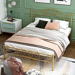 IOTXY King Metal Bed Frame - Gold 12 Inches Complete Bed Platform with Curved Tall Headboard and Shorted Footboard, King-Size Mattress Base Foundation, Garden Style