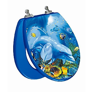 TOPSEAT 3D Ocean Series Round Toilet Seat w/Chromed Metal Hinges, Wood, Dolphin Family