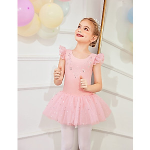 Zaclotre Kid Girls Ruffle Sleeve Ballet Skirted Leotard Shiny Dance Tutu Dresses
