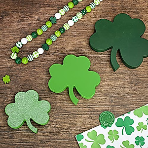Whaline 3Pcs St. Patrick's Day Wooden Signs Glitter Green Shamrock Table Ornaments Lucky Clover Table Centerpieces Irish Holiday Decorative Table Centerpieces for Home Fireplace Tiered Tray Decor