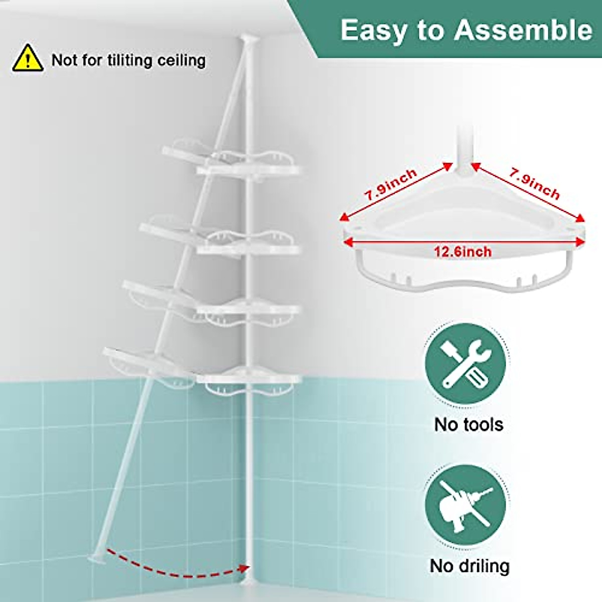 COCONUT Corner Shower Caddy Tension Pole, 54-114Inch Rust-proof 4 Tier Shower Organizer, Drill Free Telescoping Shower Shelves for Bathroom Bathtub (White)