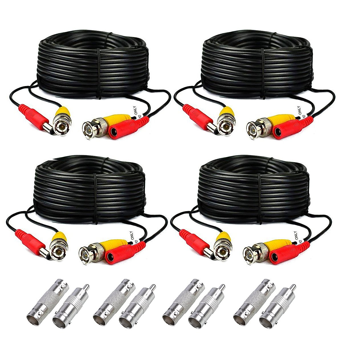 4-Pack 125ft Black Pre-Made All-in-One BNC Male to Male Video and Power Cable with RCA Connector for CCTV Camera DVR Security System, Black