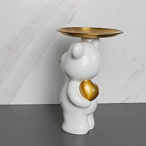 OILISI Jewelry Tray,Ceramic Bear Statues with Gold Dish for Ring Earring Holder,Decorative Tray for Table Bathroom Living Room Entry-way Decoration,Fit for Candy Key Necklaces Lipstick Holder