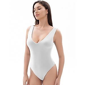 UEU Women’s Summer Sexy Deep V Neck Body Suits Backless Sleeveless Tong Bodysuit Tank Double Lined Tops for Women(White,S)