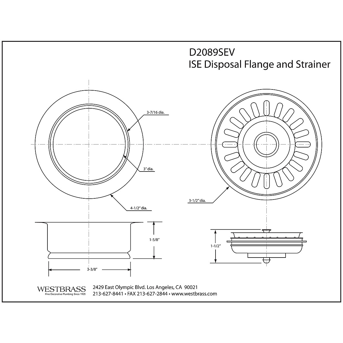 Westbrass D2089SEV-62 3-1/2" Kitchen Sink Waste Disposal Drain Flange and Basket Strainer, Matte Black