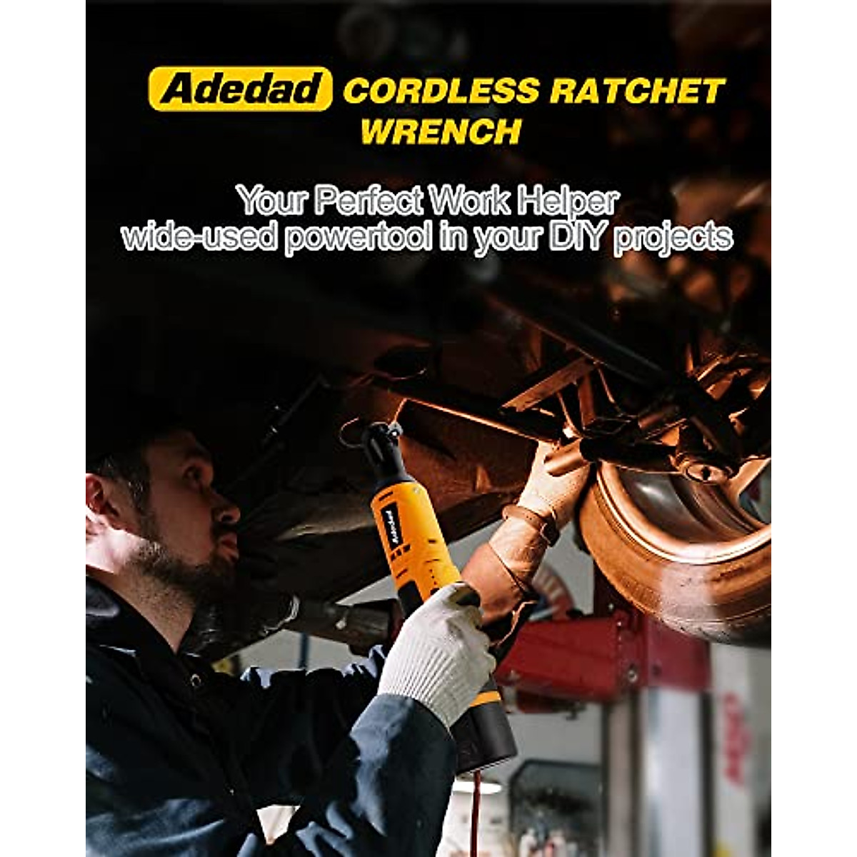 Adedad Cordless Electric Ratchet Wrench Set, 3/8" Power Ratchet Wrench, 40 Ft-lbs 400RPM 12V Battery Ratchet Tool Kit with 2 Pack 2.0Ah Lithium-Ion Battery and 1 Fast Charger