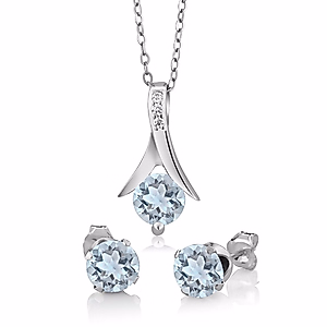 Gem Stone King 925 Sterling Silver Aquamarine Pendant and Earrings Jewelry Set For Women (2.25 Cttw, Round Gemstone Birthstone, with 18 Inch Silver Chain)