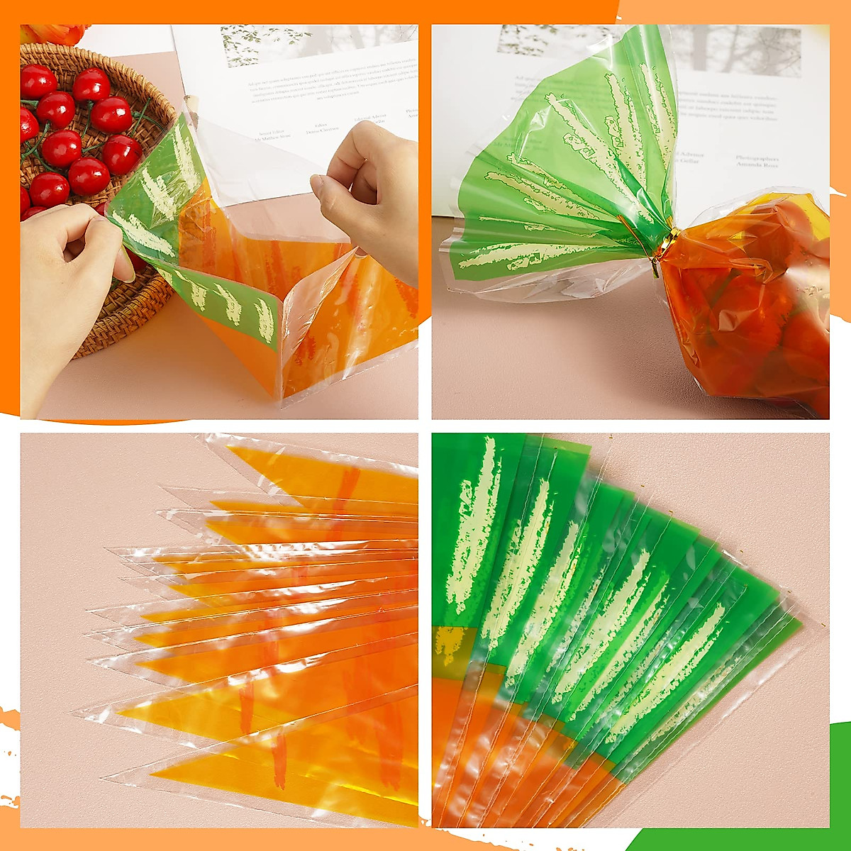 VEIREN 100 Pieces Cone Candy Bags Creative Carrot Shape Treat Bag with Twist Ties Cellophane Goody Cookies DIY Translucent Gift Storage Packaging Bag for Holiday Birthday Wedding Party Decor