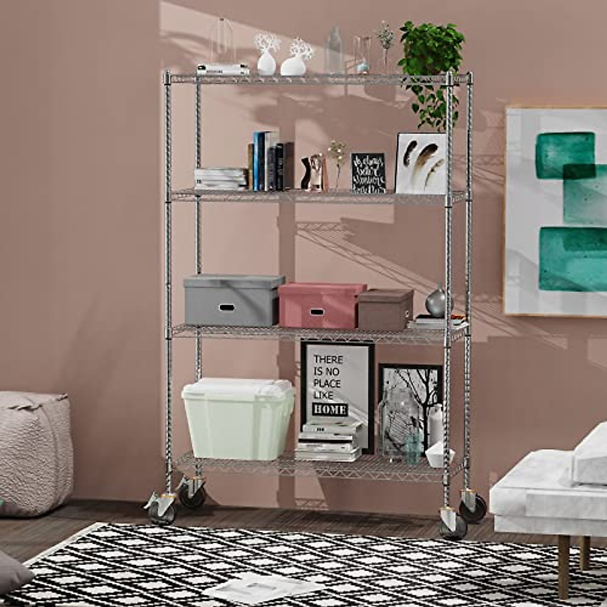 Raynesys Wire Shelving with 4" Wheels, 2400Lbs Heavy Duty 4-Tier Shelving Metal Shelves, 48x18x72in Steel Wire Storage Shelf Commercial Grade Adjustable Utility Rack for Garage, Kitchen, Chrome