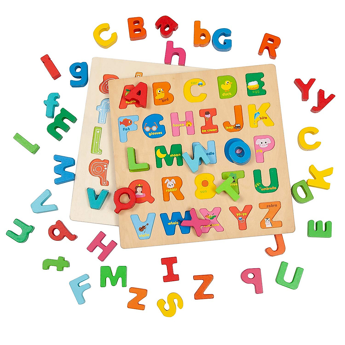 Wondertoys Wooden Alphabet Puzzle for Toddlers Chunky Lowercase & Uppercase Letters ABC Puzzles Board for Preschools Boys and Girls