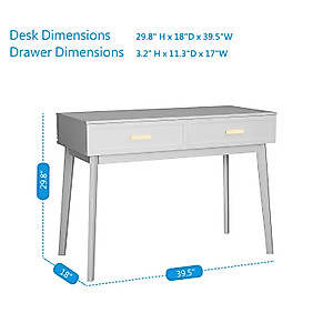 White Home Office Desk with Drawers Storage, Computer Writing Desk with Polished Gold Handle