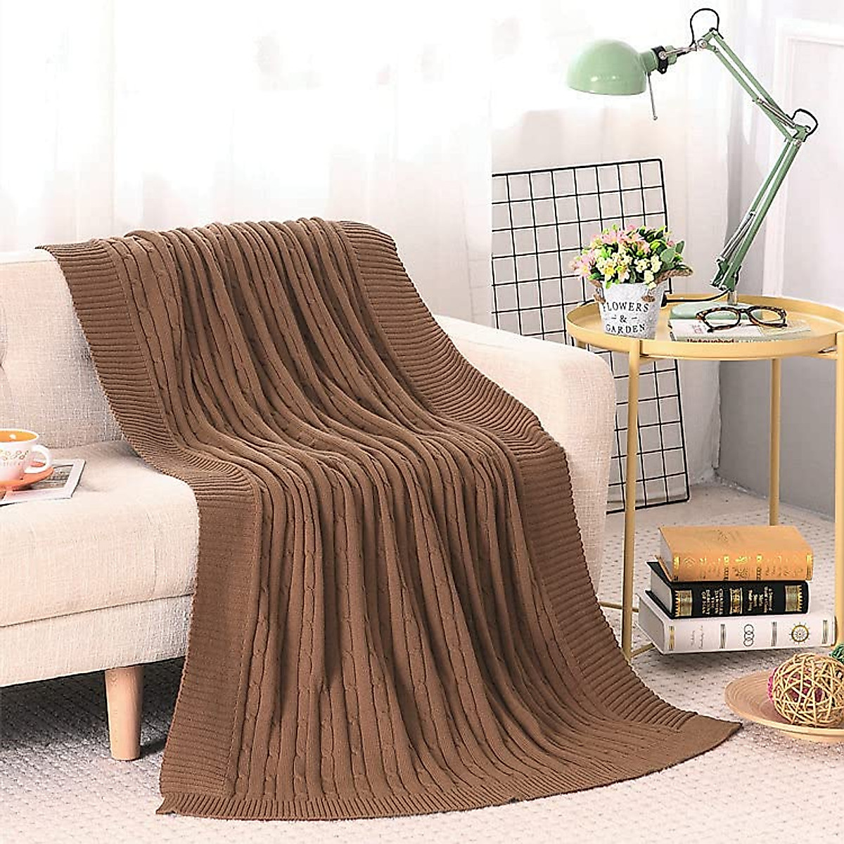 Alysheer 100% Cotton Cable Knit Throw Blanket 57 x 63 in, All Weather Chic Sweater Knitted Textured Soft Warm Lightweight Decorative Sofa Throws for Couch Bed Outdoor Chair(Coffee Light Brown)