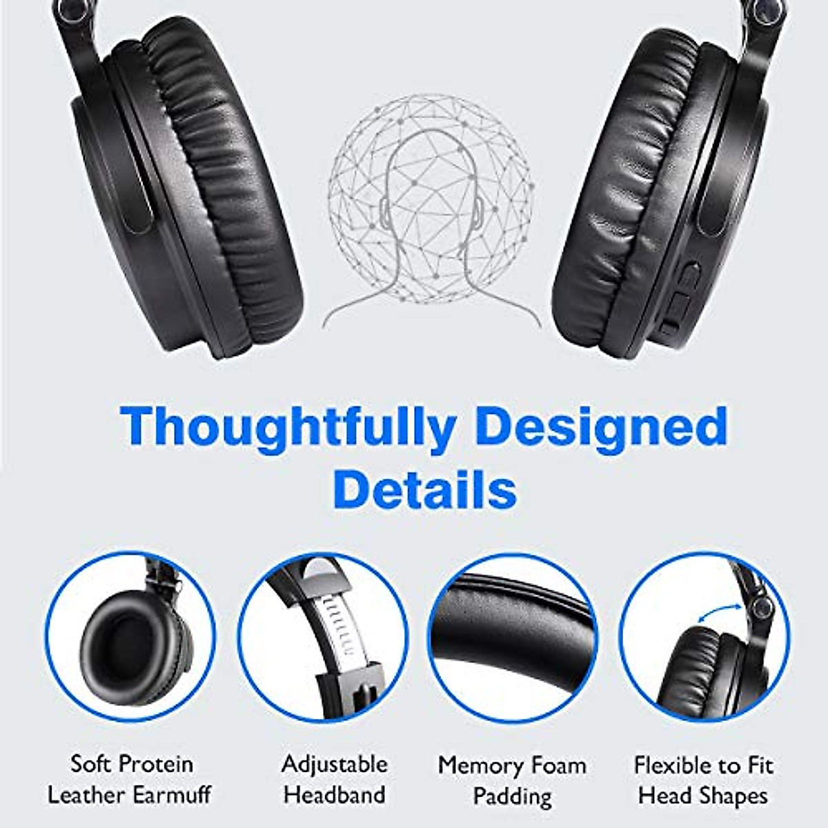 OneOdio Bluetooth Over Ear Headphones, 110 Hrs Wireless/Wired Stereo Sound Foldable Headsets with Deep Bass 50mm Neodymium Drivers for PC/Phone/Tablet - Studio Wireless Pro C, Black