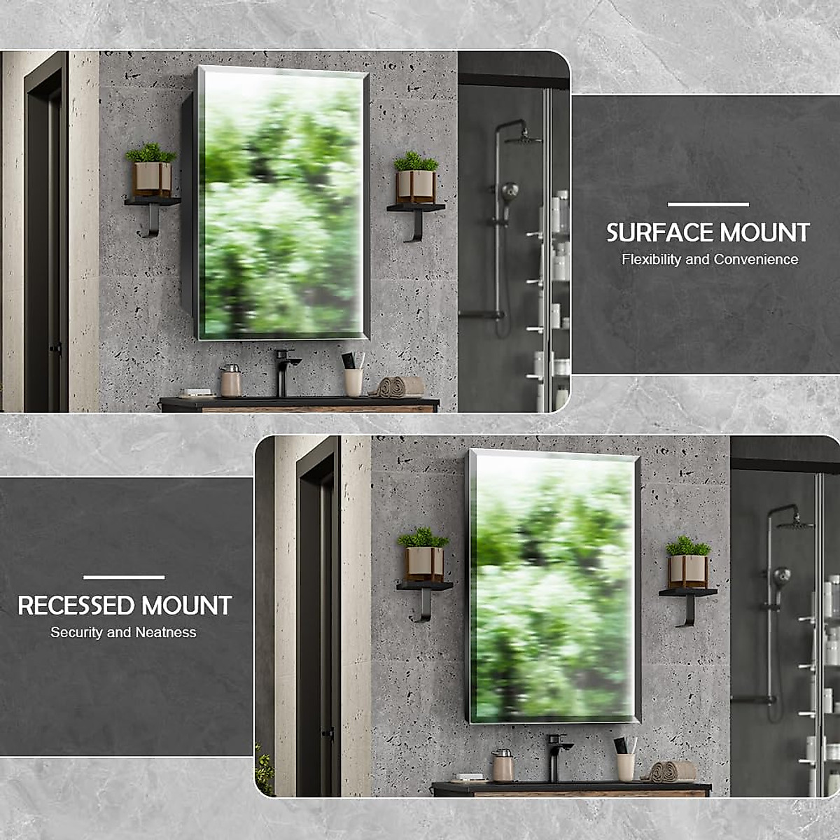 Janboe 16×26inch Medicine Cabinet,Mirror Cabinet with Beveled Mirror,Solf Close Hinge,Frameless,Detachable Side Plate for Recess Mount or Surface Mount,Black