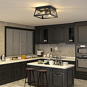 Pynsseu Industrial Ceiling Light, 2 Lights Farmhouse Semi Flush Mount Ceiling Fixture for Kitchen Island Dining Room Bedroom Foyer Hallway, 1 Pack, Black