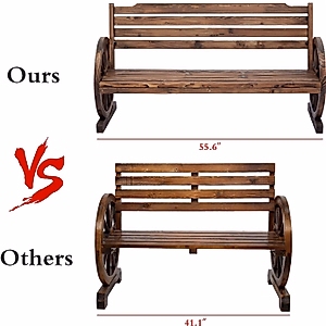 Kinfant Patio Bench Wooden Garden Seat - 55” Outdoor Rustic Brown 2-Person Wagon Wheels Furniture