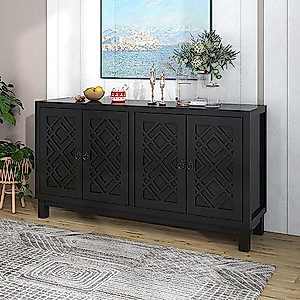 Wood Storage Cabinet, Large Storage Space Sideboard, 4 Door Buffet Cabinet with Pull Ring Handles for Living Room, Dining Room, Easy Assembly (Black)