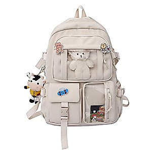 KOWVOWZ Kawaii Backpack for Teen Girls Aesthetic Student Bookbags with Cute pin bear pendant harajuku school nylon waterproof (white)