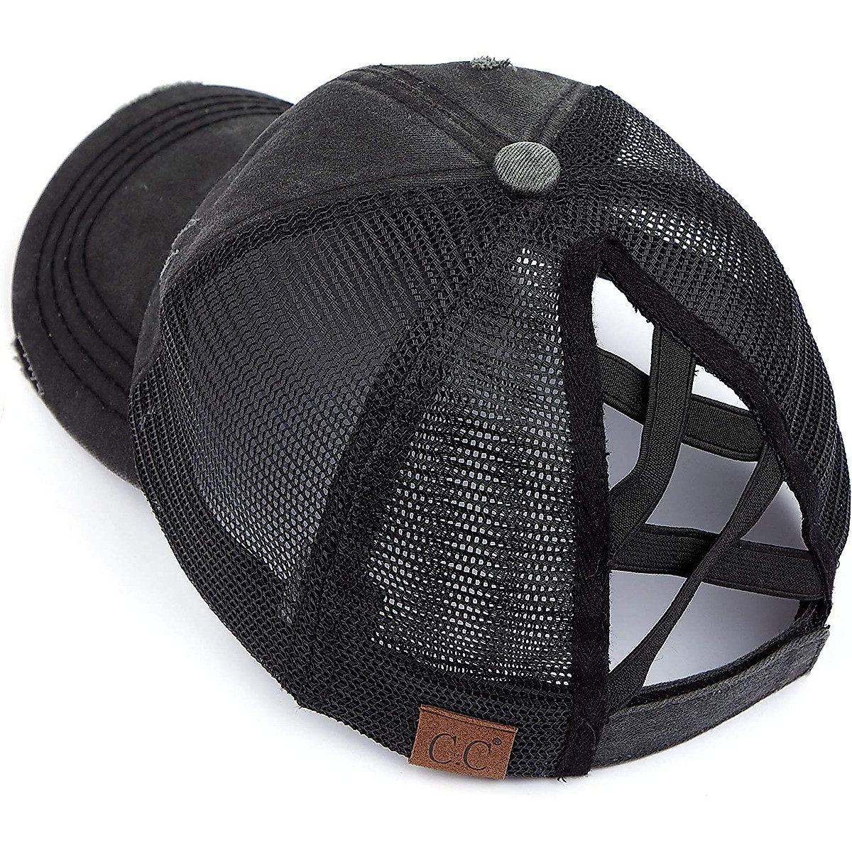 Funky Junque Dad Hat Ponytail Messy Bun Trucker Ponycap (Distressed Black w/Criss Cross Back)