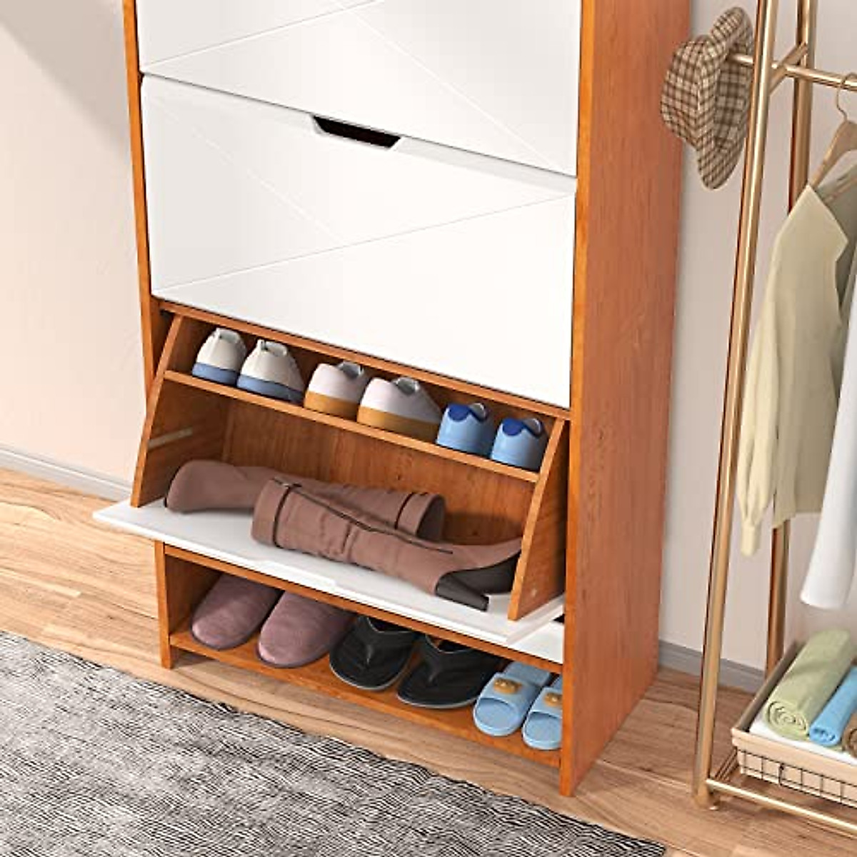 GLS Shoe Storage Cabinet Wood with Doors and Shelves,Shoe Storage Rack Organizer with 4 Fold Out Drawers for Bedroom & Mudroom & Entryway