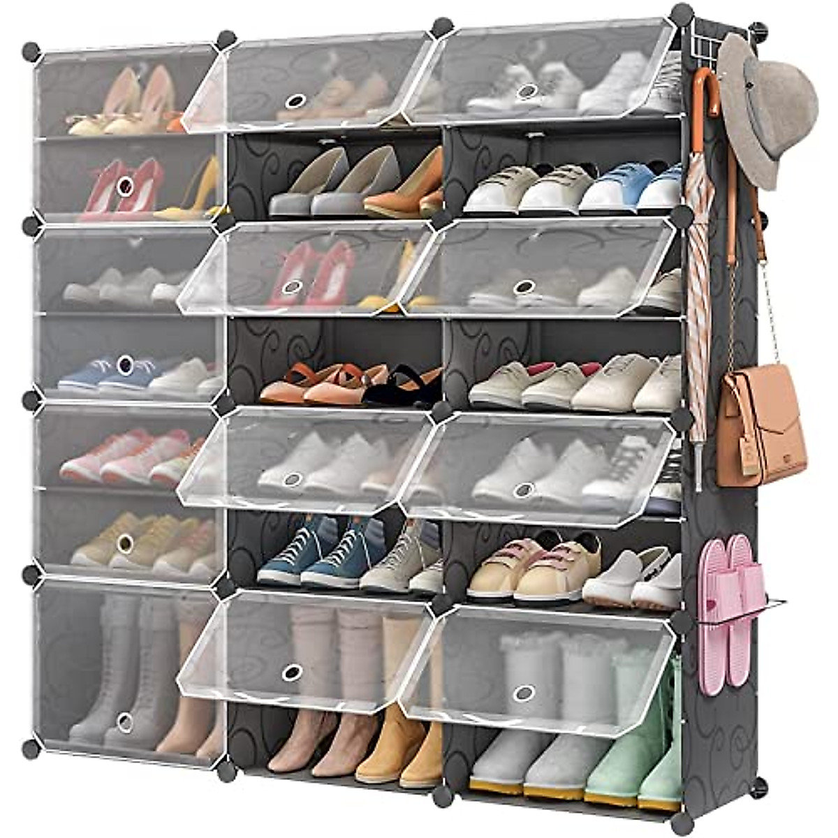 Aeitc 48-Pairs Shoe Rack Organizer Shoe Organizer Expandable Shoe Storage Cabinet Narrow Standing Stackable Space Saver Shoe Rack for Entryway, Hallway and Closet,Black, Translucent