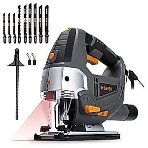 KSEIBI 714011 Jig Saw Corded Electric Machine Tool 6.5A, with Laser & LED, 6 Variable Speed, 9 Tool-Free Blades, ±45° Bevel and Straight Cutting, 4 Orbital Settings and, 8 Feet Cord - KST 110V