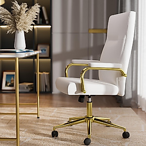 GXJ White and Gold Office Chair, Leather Desk Chair with Wheels and Arms, High Back Executive Computer Chair for Girl and Women
