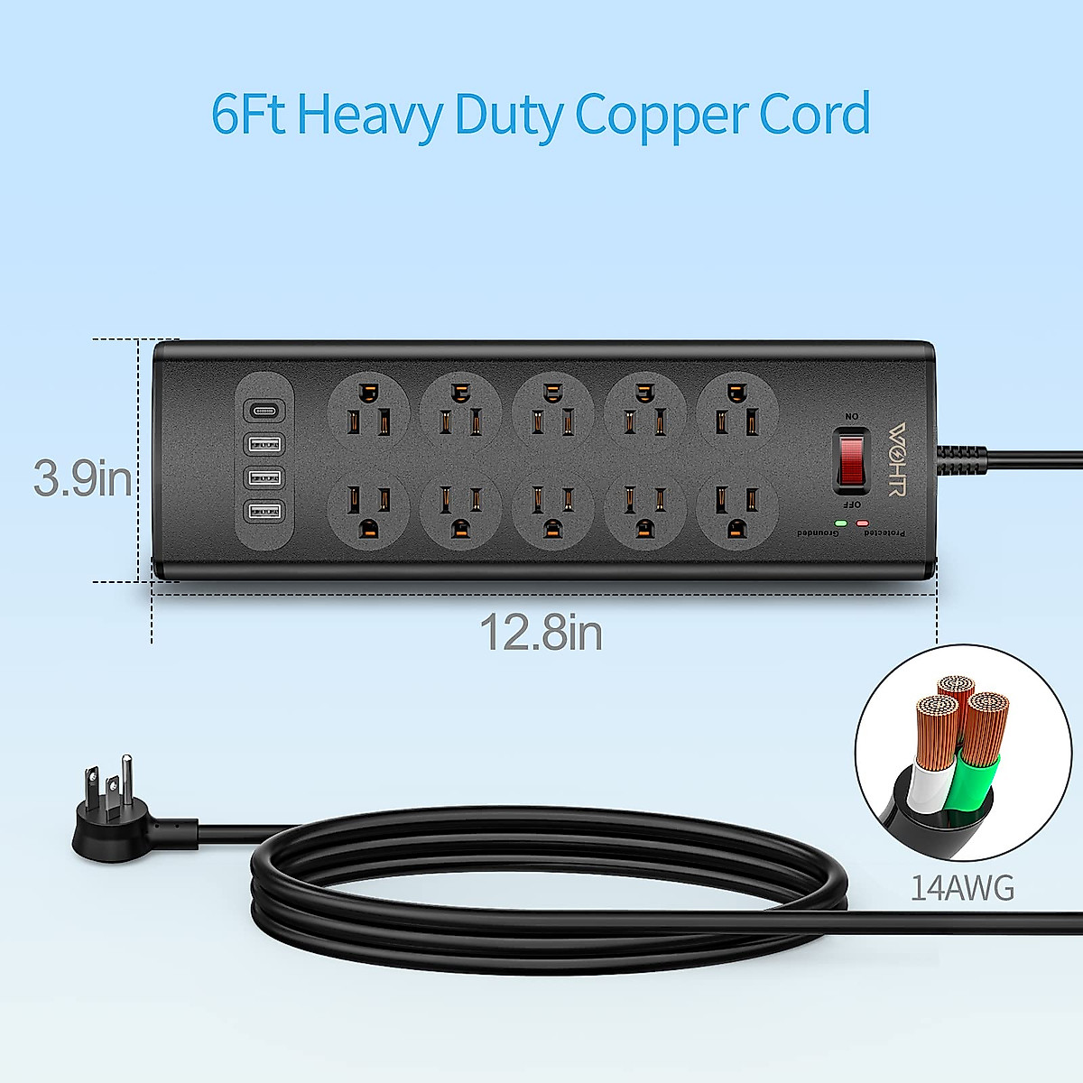 Power Strip with PD 20W USB C Port, Wohtr Surge Protector with 10 AC Outlets & 4 USB Ports (1 USB-C, 3 USB-A), 1875W/2370J, 6ft Heavy Duty Extension Cord, Flat Plug,Wall Mount, Overload Protection