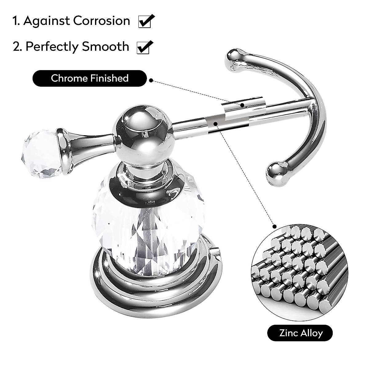 BATHSIR Crystal Robe Hook, Polished Chrome Double Towel Hook for Bathroom, Wall Mounted Silver Coat Hook